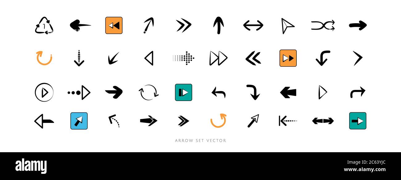 Collection of arrow icons and media player buttons isolated on white ...