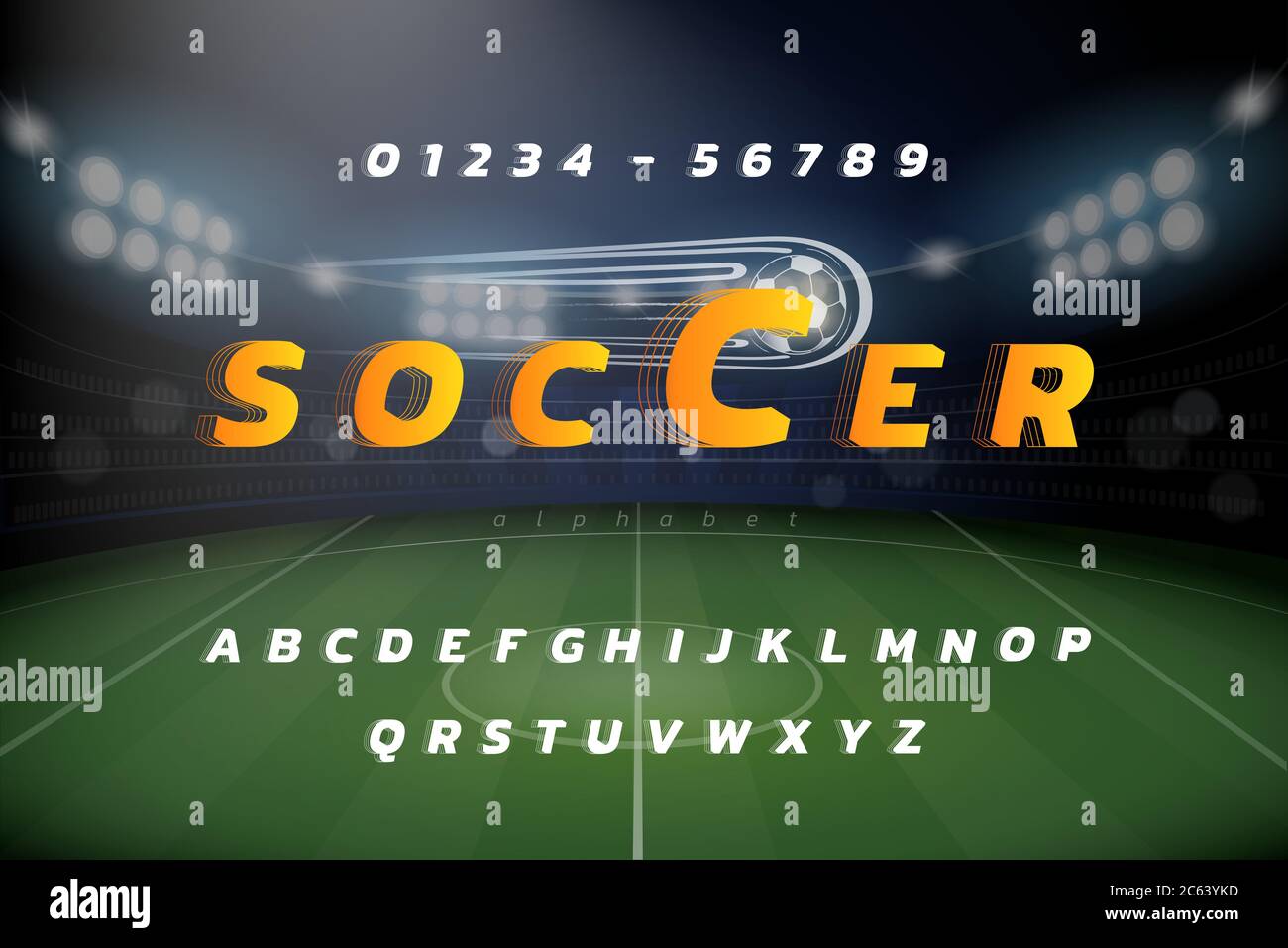 Sports theme Alphabet font set with numbers on soccer stadium ...