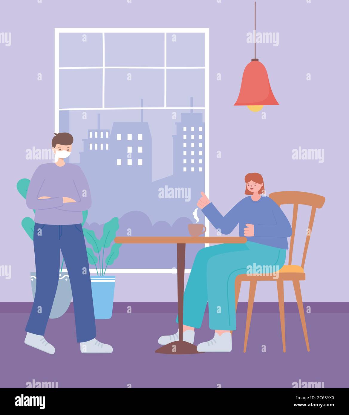 restaurant social distancing, woman eating and drinking keep a safe ...