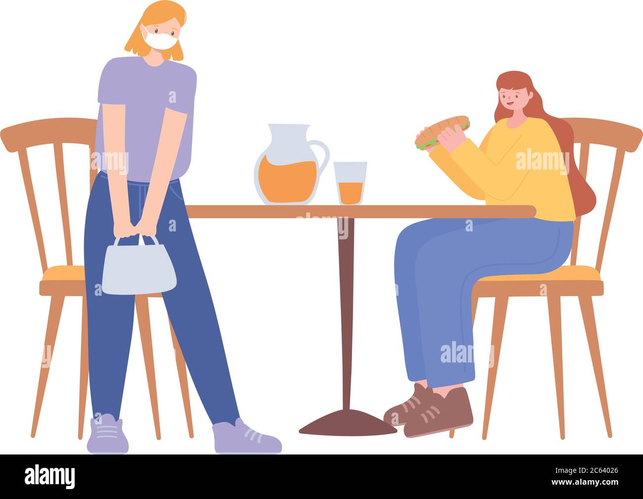 restaurant social distancing, woman eating and drinking keep a safe ...