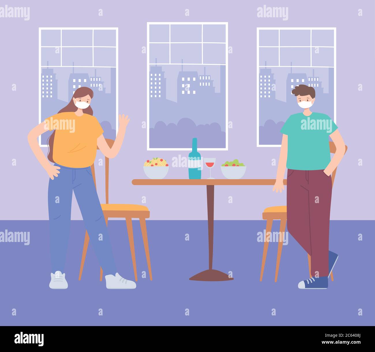 restaurant social distancing, people with food and drink keep a safe ...