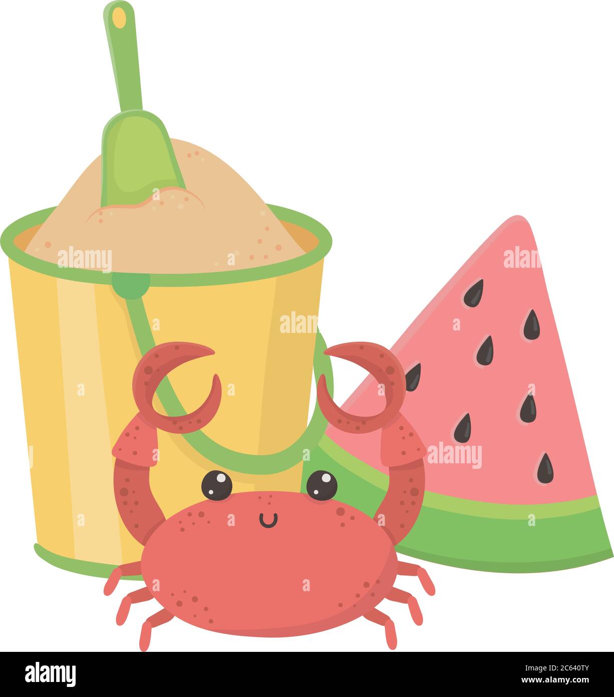 summer travel and vacation beach crab watermelon and bucket with sand ...
