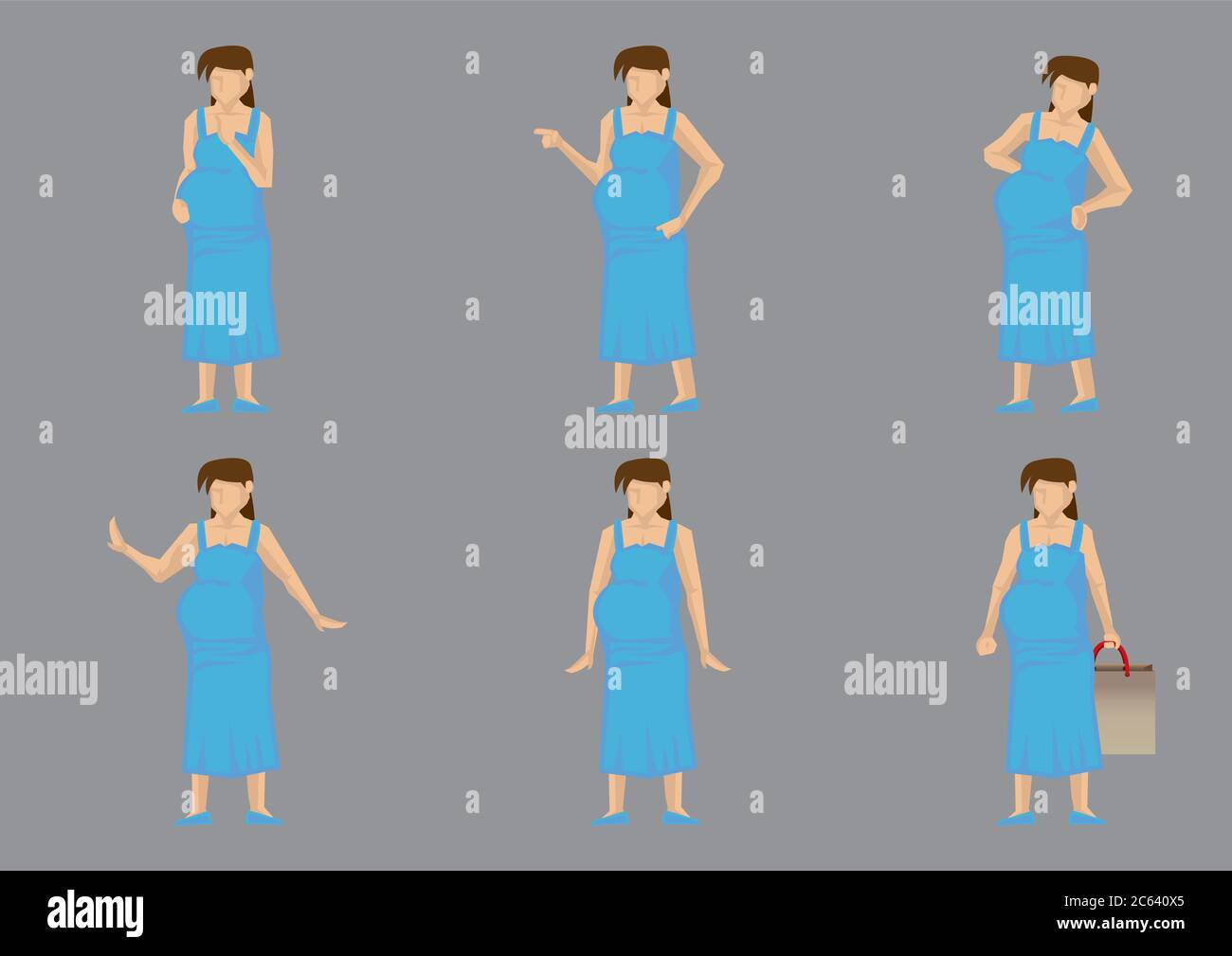 Set of six vector illustrations of pregnant lady in blue maternity ...