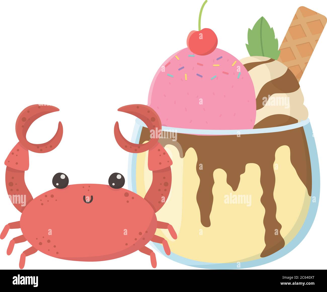 summer travel and vacation ice cream scoops in glass and crab vector ...