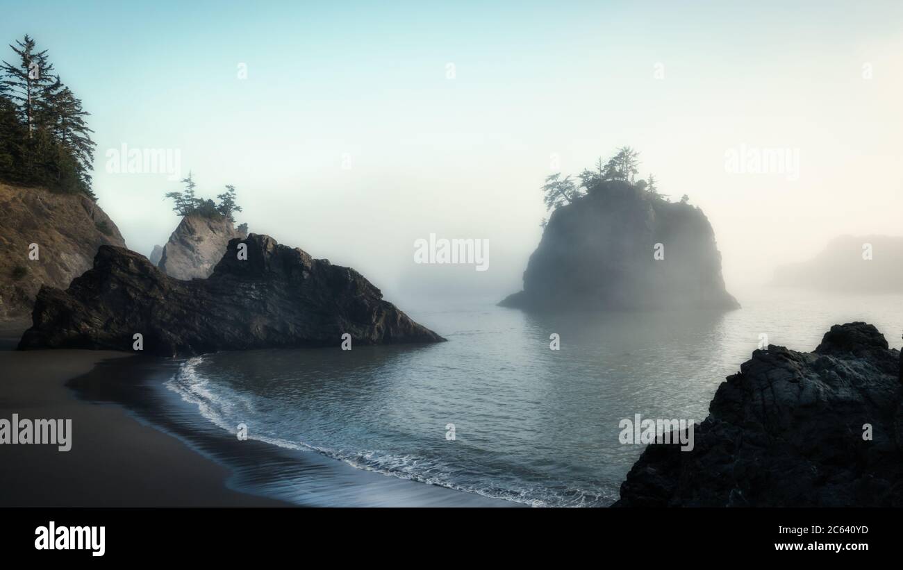 Beautiful sea stacks at the Oregon Coast, shrouded in fog Stock Photo ...