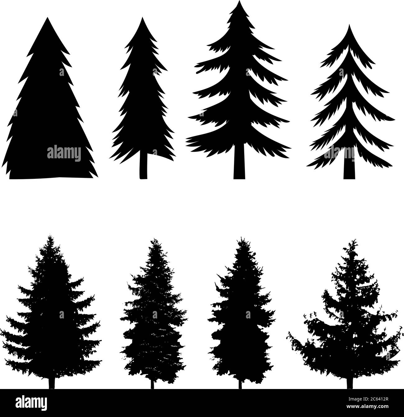 Set of silhouettes of pine tree isolated on white background. Design ...
