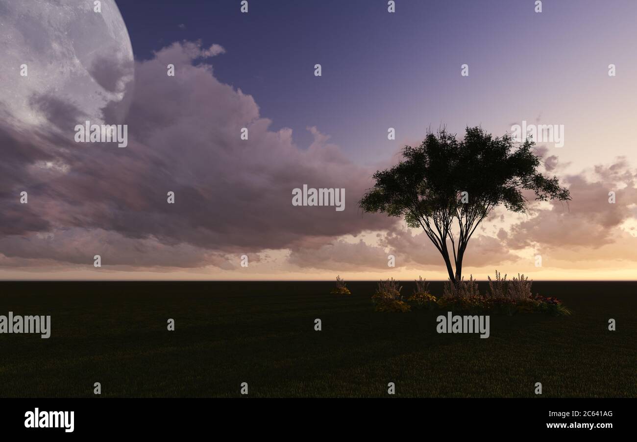 Moon night with tree made in 3d software Stock Photo - Alamy