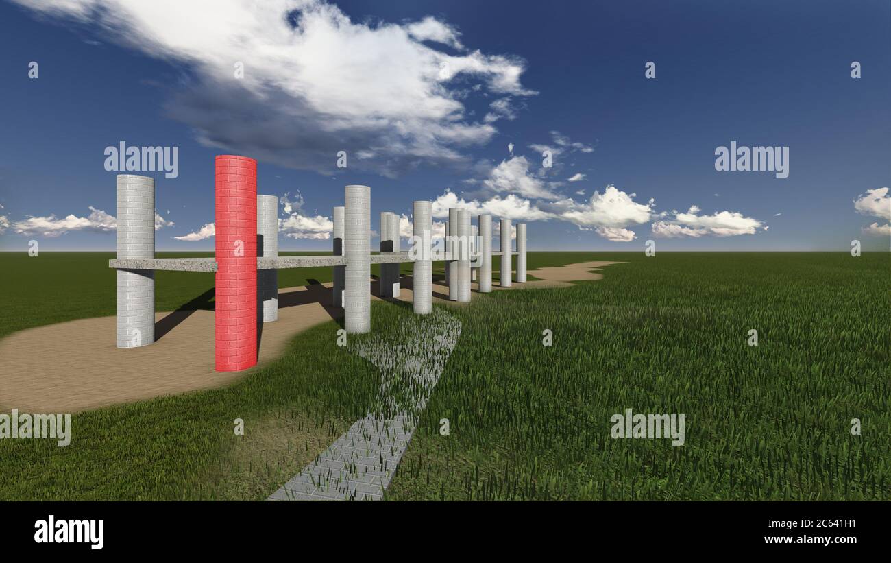 Grass field with pillars made in 3d software Stock Photo - Alamy
