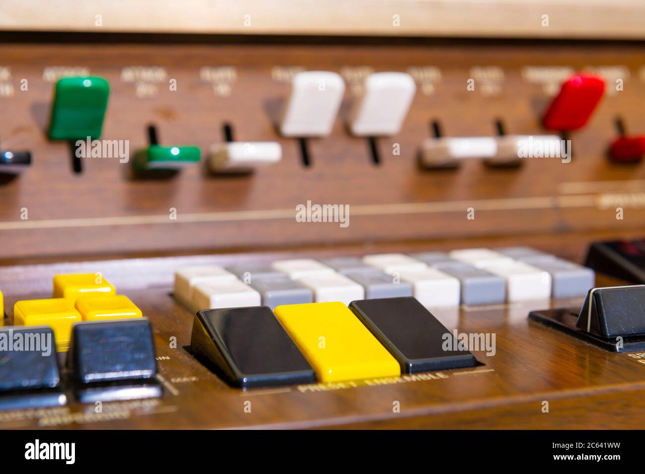 Close up view of the instrument button on old electric organ Stock ...