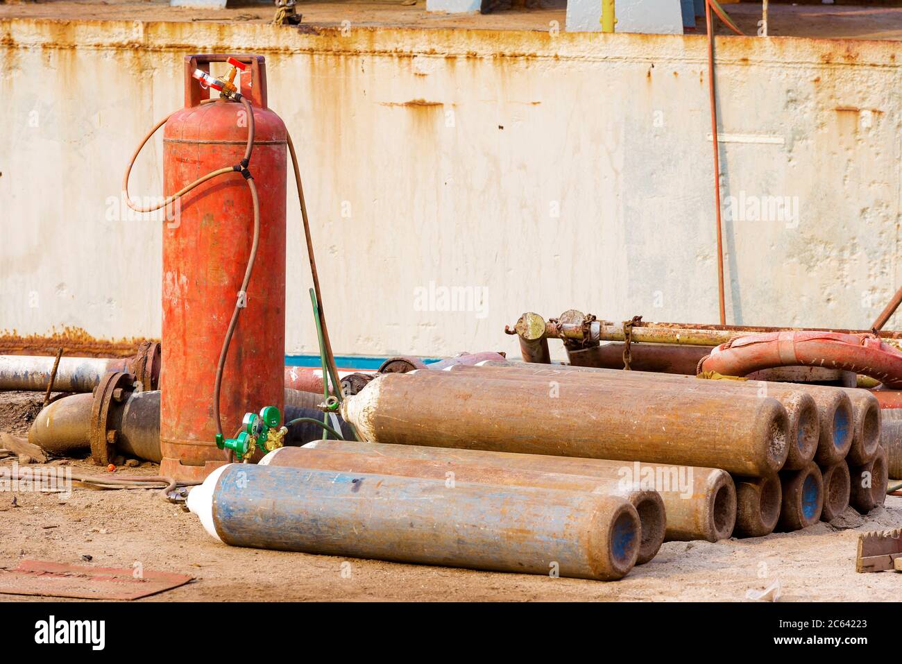 Stack of propane tanks on the dock Stock Photo - Alamy