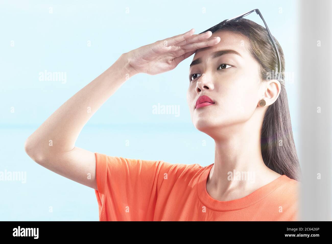 Asian woman looking at scenery view with a sky background Stock Photo ...
