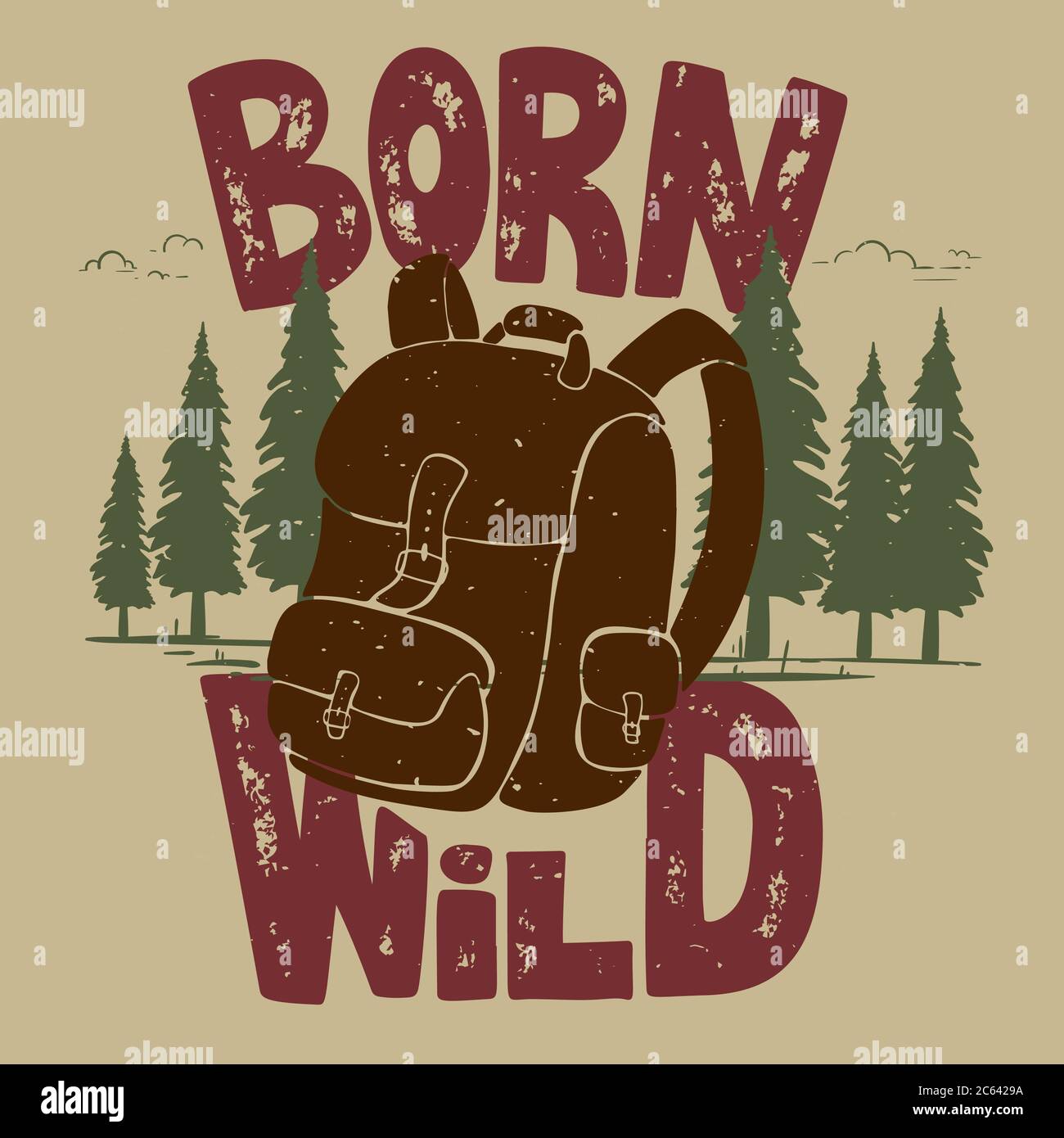 Born wild. Illustration of tourist backpack on forest background ...