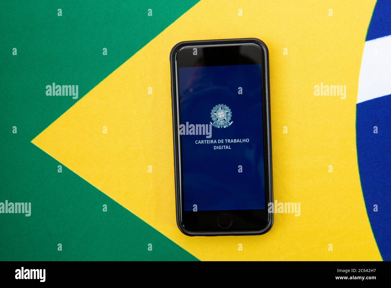 Florianopolis, Brazil, June 27, 2020: Top view digital work card ...