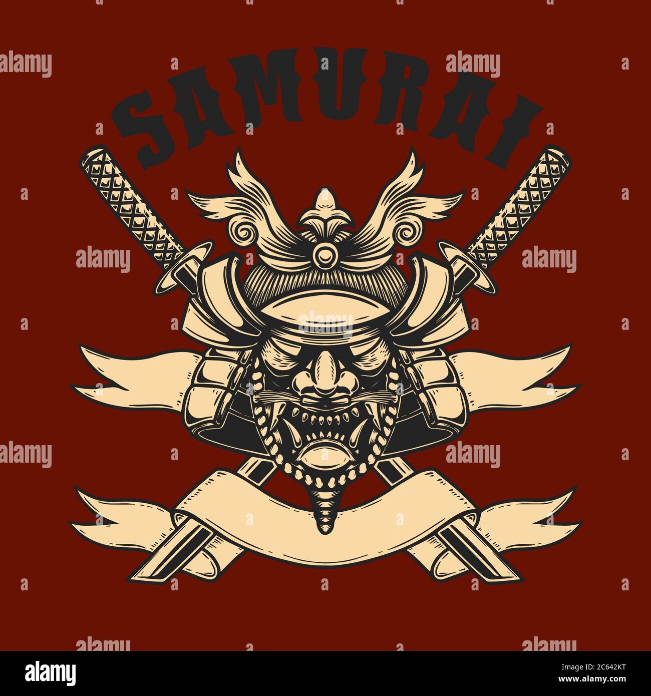 Illustration of helmet of samurai warrior with crossed katanas. Design ...