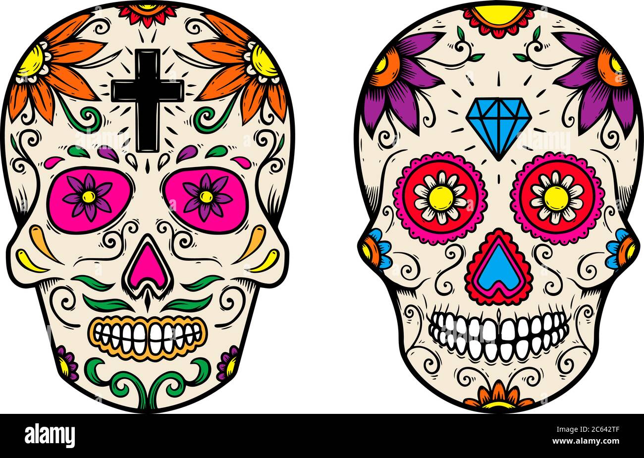 Set of vintage mexican sugar skull isolated on white background. Design ...
