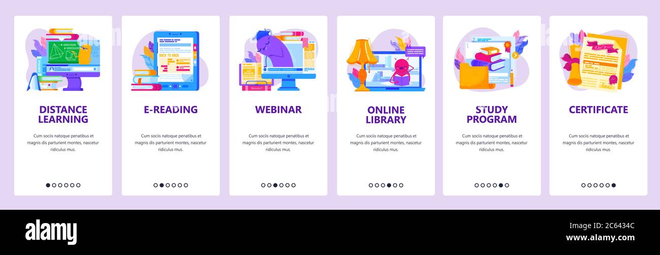 Distance learning website and mobile app onboarding screens vector template Stock Vector Image ...