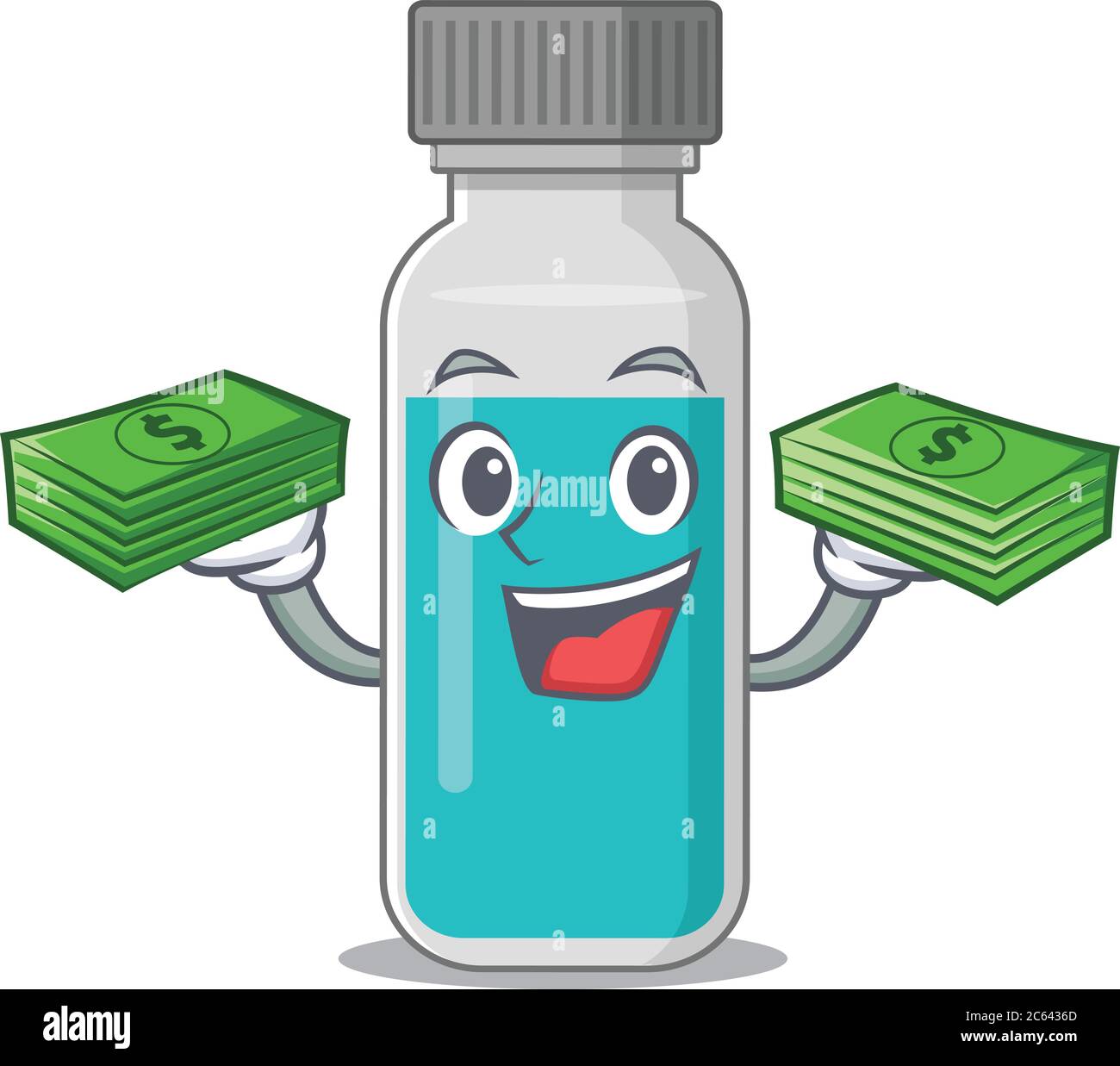 A wealthy medical test bottle cartoon character having much money on ...