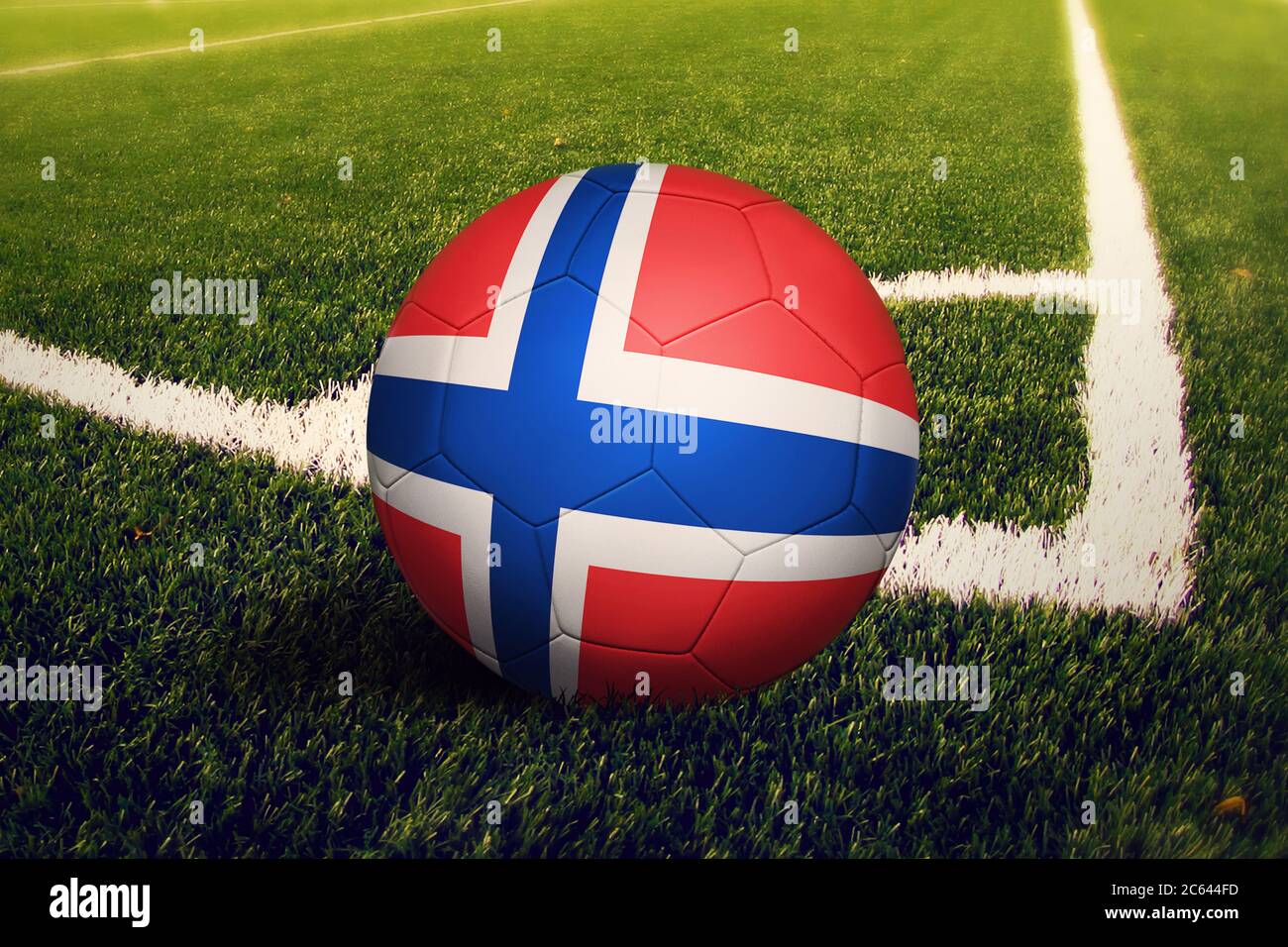 Norway flag on ball at corner kick position, soccer field background ...