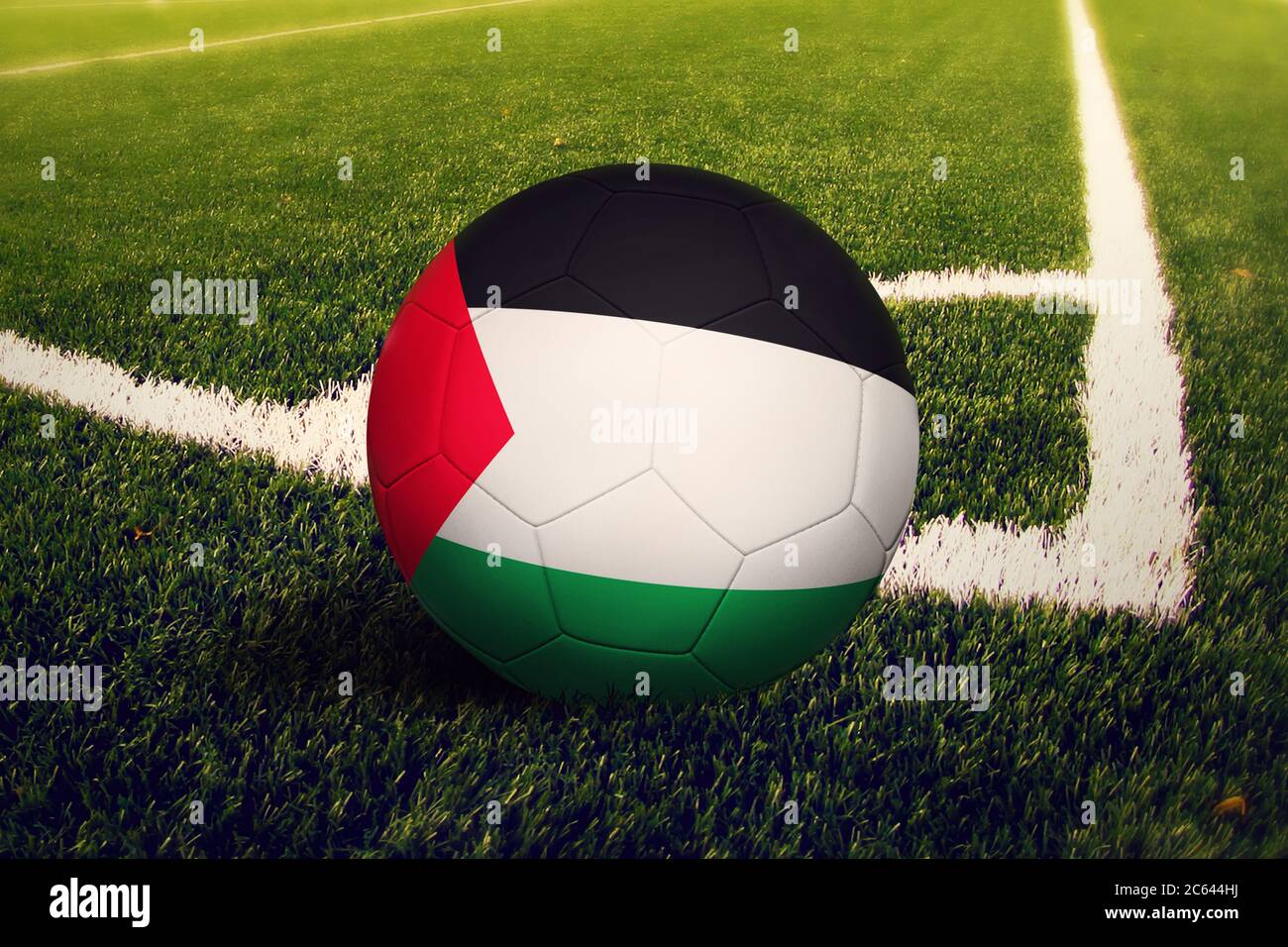 Palestine flag on ball at corner kick position, soccer field background ...