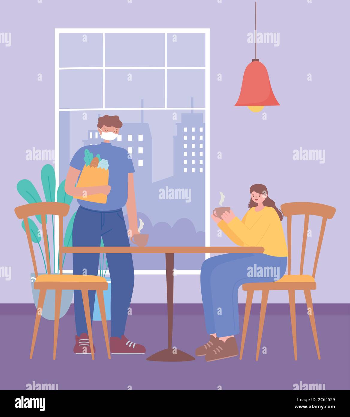 restaurant social distancing, man and woman with coffee cups distance ...