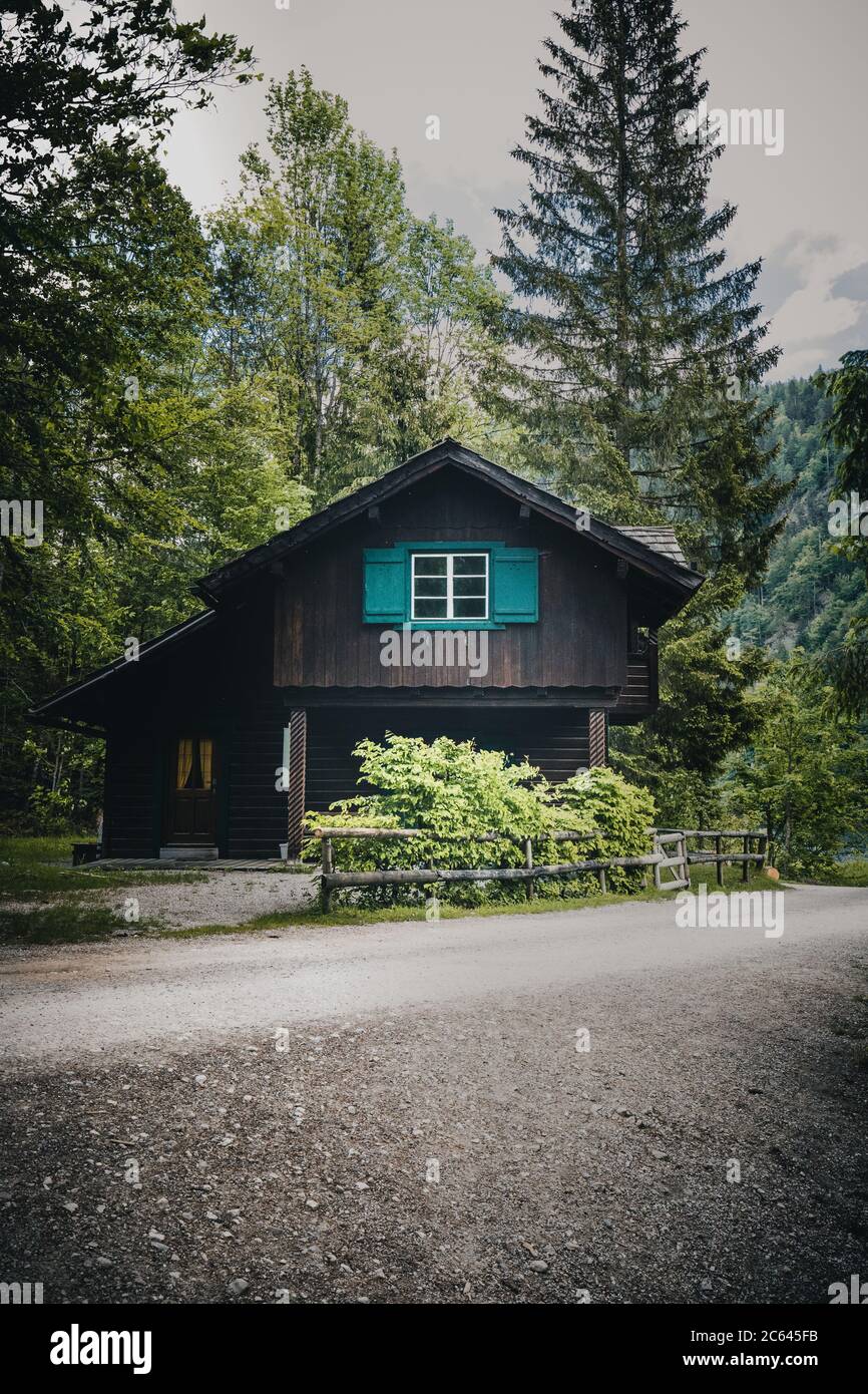 wooden fishing hut at lake toplitzsee in austria Stock Photo - Alamy