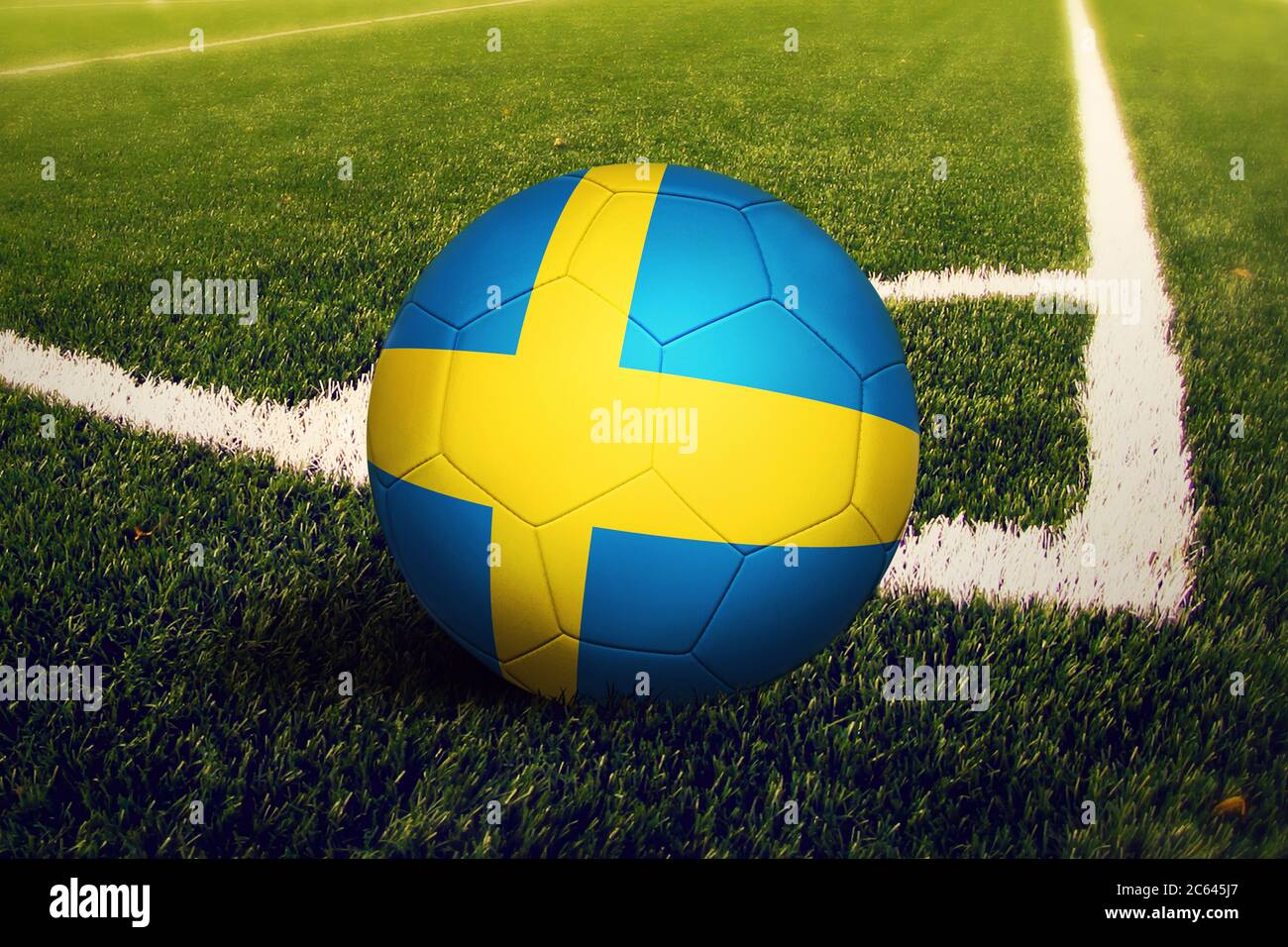 Sweden flag on ball at corner kick position, soccer field background ...
