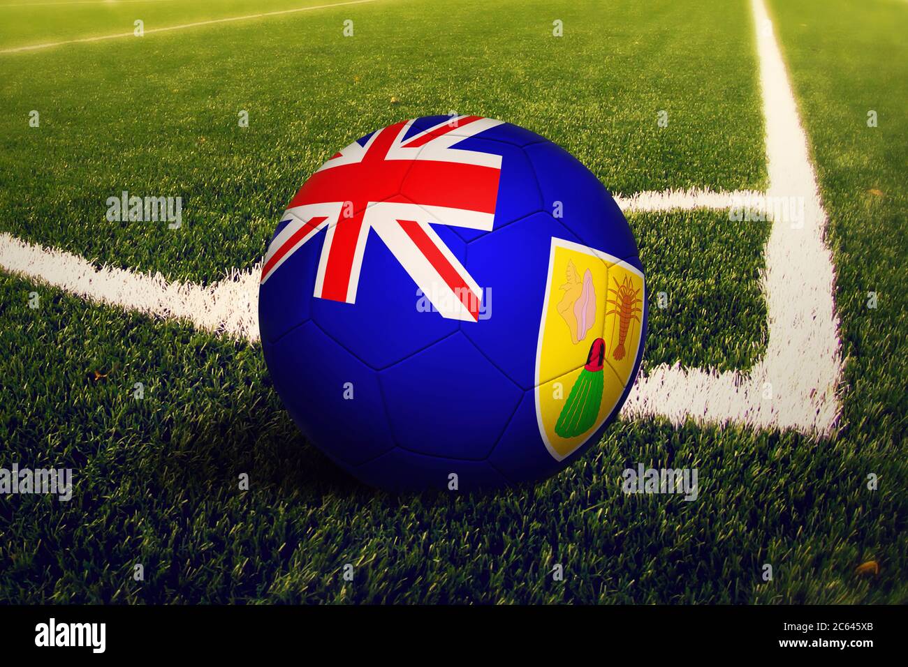 Turks And Caicos Islands flag on ball at corner kick position, soccer ...