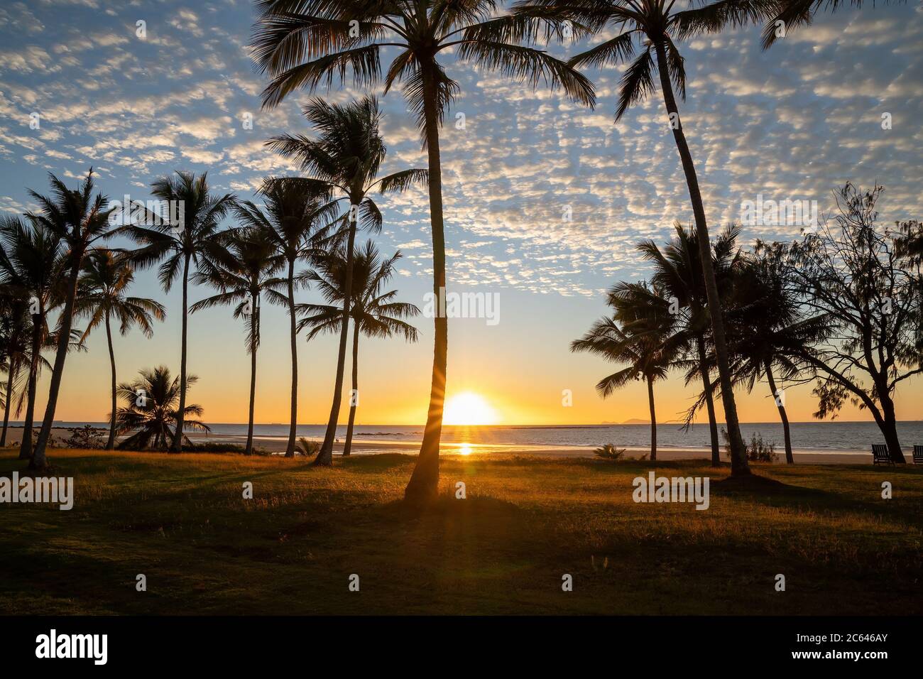 The orange sun just rising brightly over the horizon on coastal ...