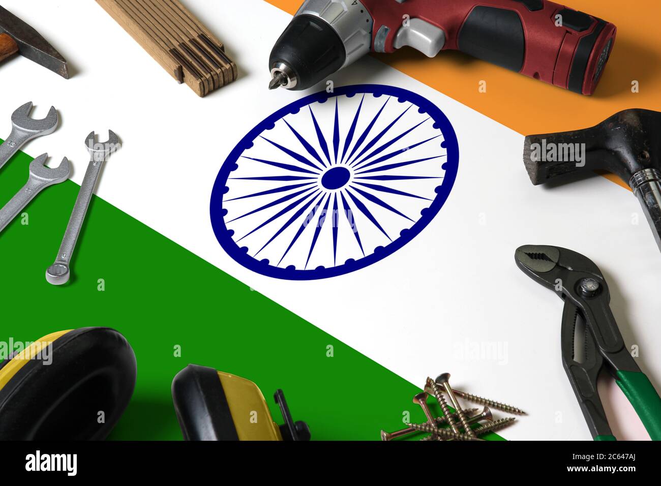 India flag on repair tool concept wooden table background. Mechanical ...