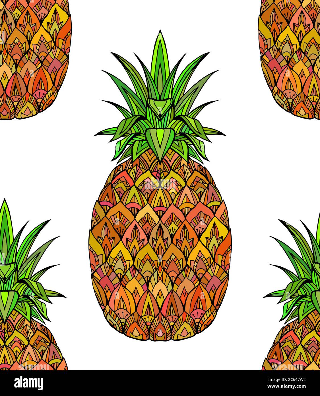 Seamless pattern with pineapple decorated doodle. Vector background for ...