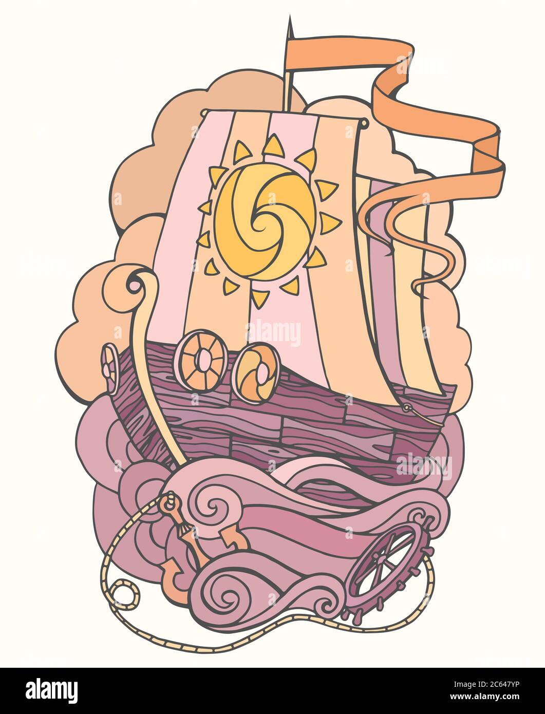 Vector abstract doodle gentle illustration of a sea ship. Children's ...