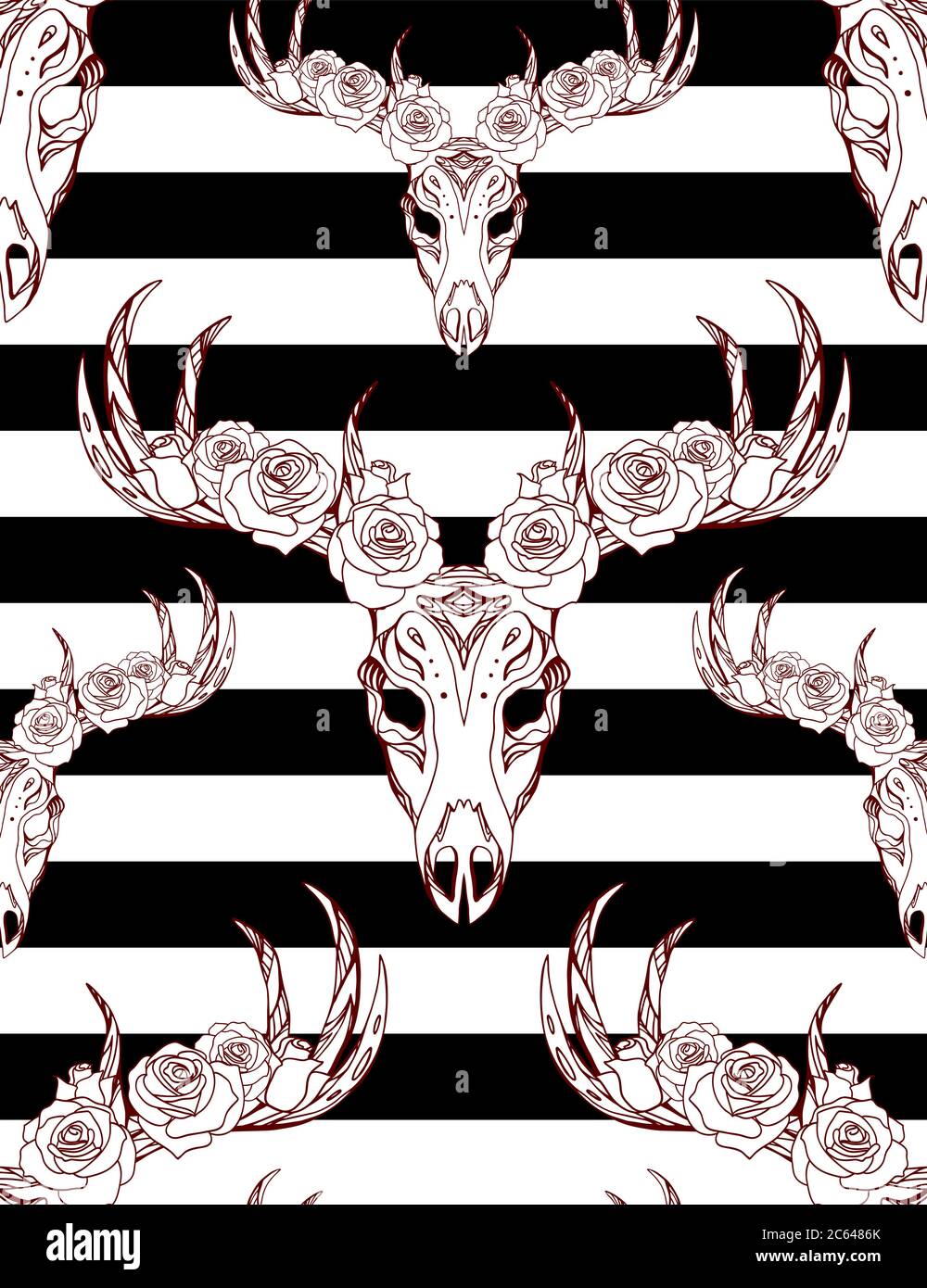 Seamless texture with deer skulls, roses and stripes. Vector background ...