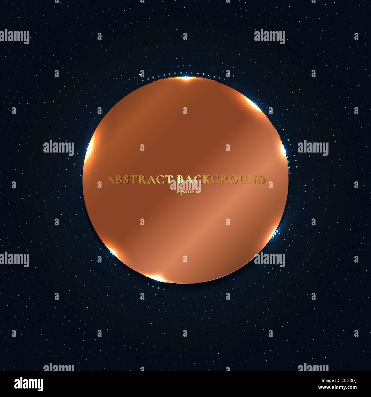 Abstract copper shiny metallic circle with particles elements on dark ...