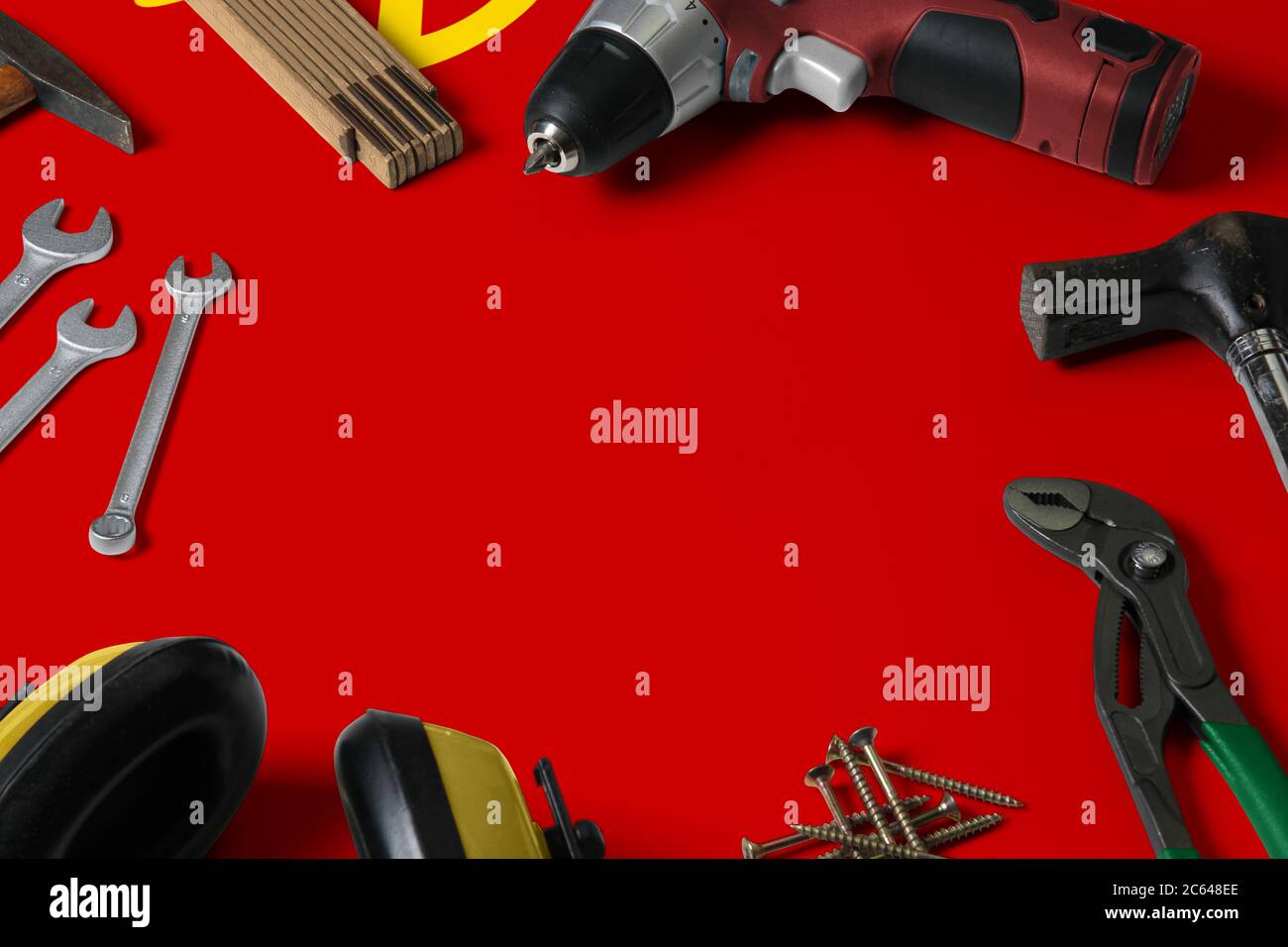 Soviet Union flag on repair tool concept wooden table background ...