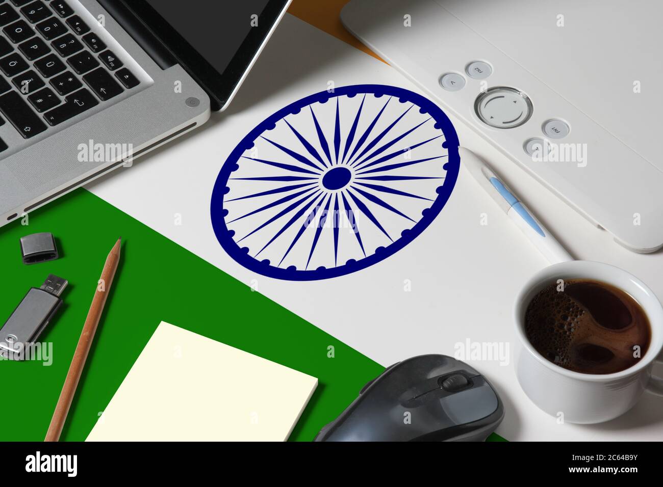 India national flag on top view work space of creative designer with ...