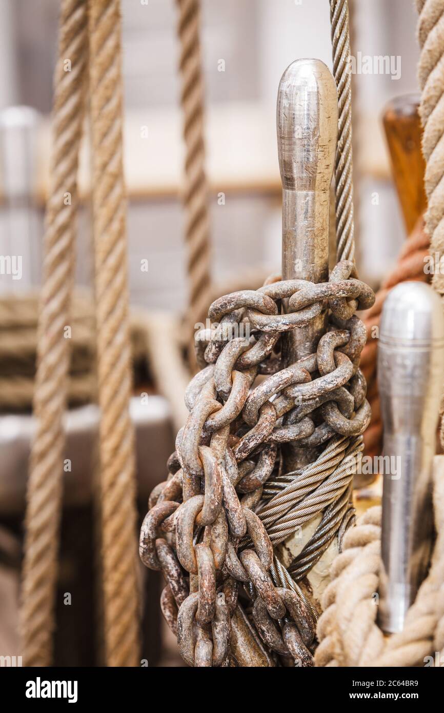 Yachting. Detail image of mast and sail system on yacht sailboat ...