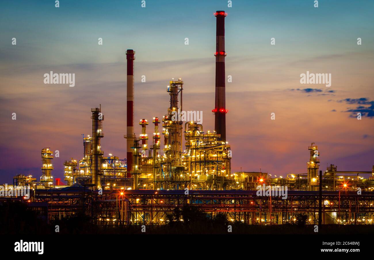 Night view of the refinery petrochemical plant in Gdansk, Poland Europe ...