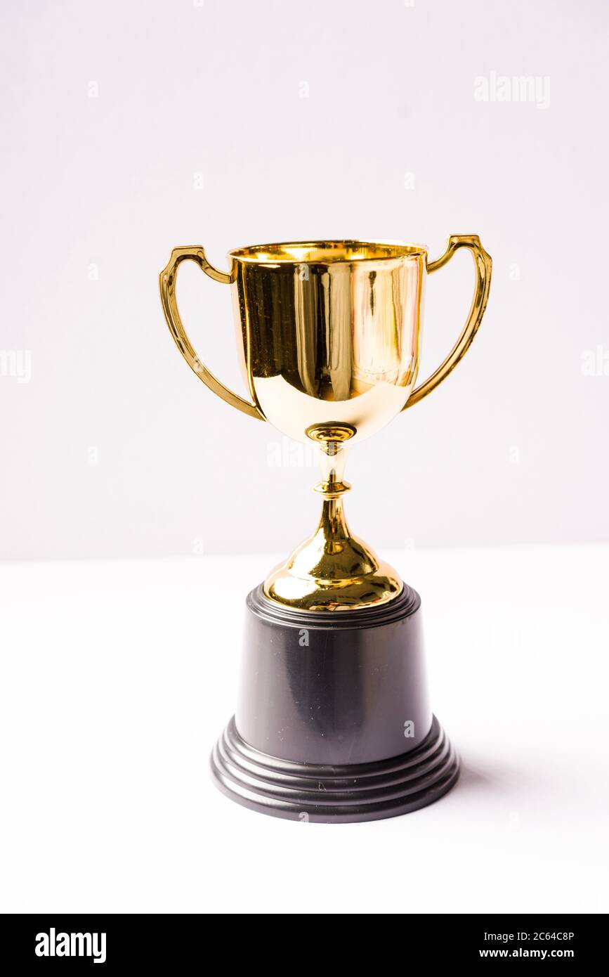 Isolated shot of trophy replica against white background Stock Photo ...