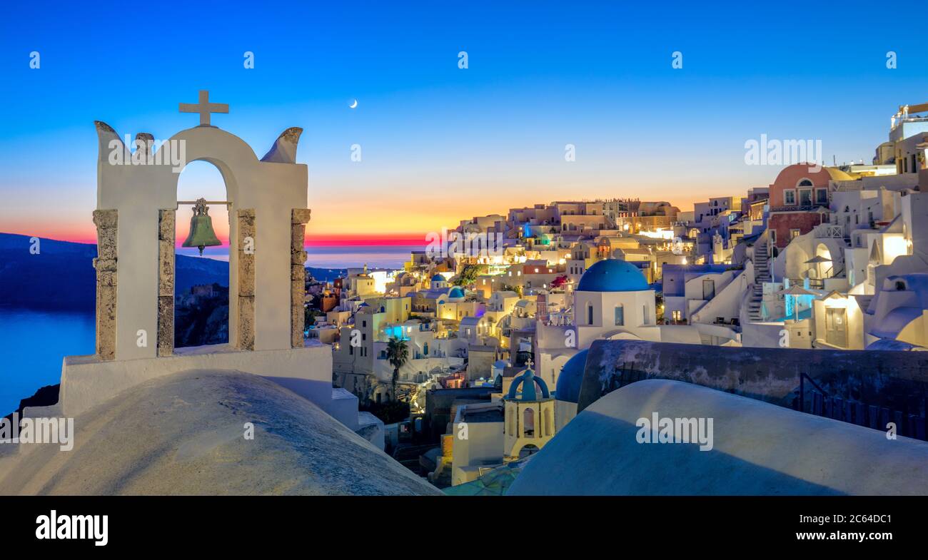 Romantic evening night panorama of Santorini island, Greece ...