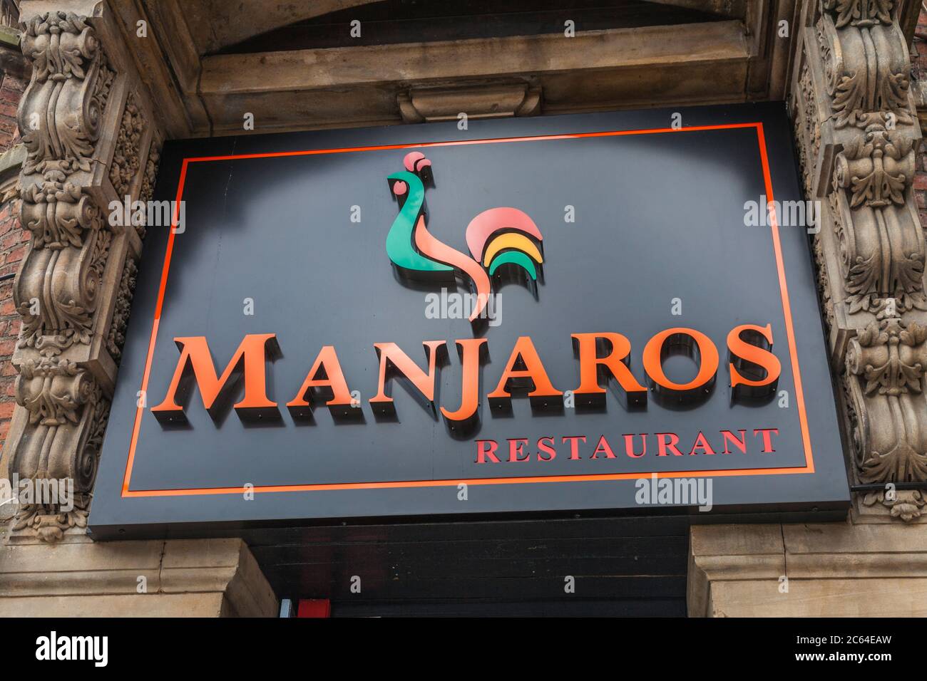 Sign for Manjaros restaurant in Darlington,Co.Durham,England,UK Stock ...