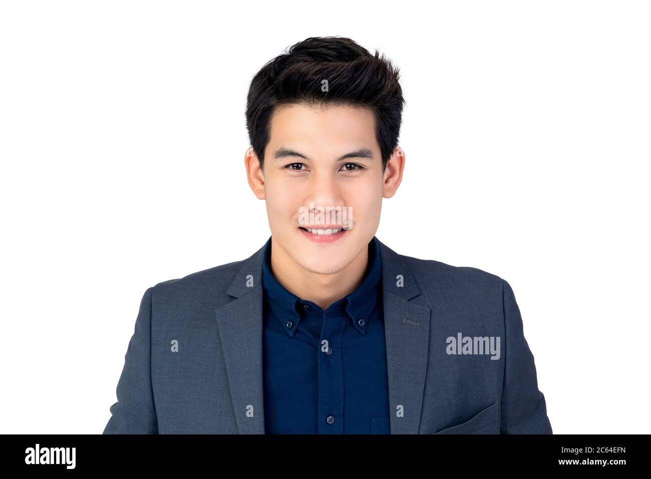 Young millennial handsome Asian man in business look smiling isolated ...