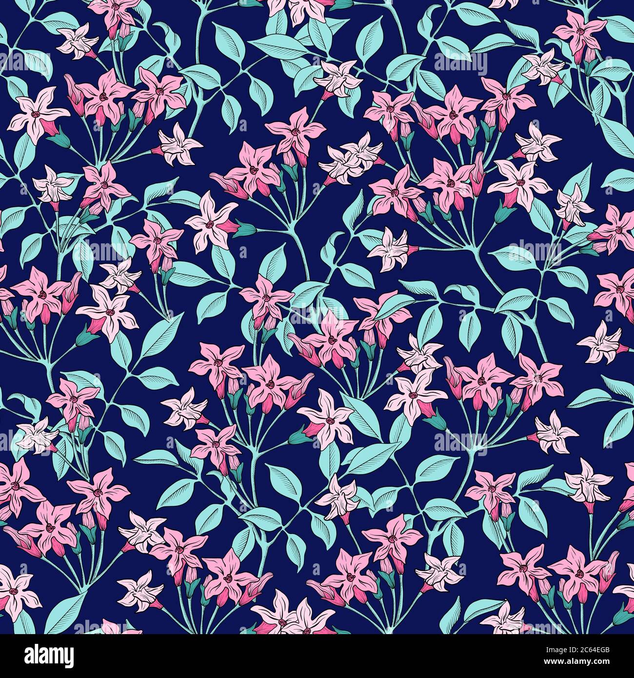 Pink Jasmine flower hand-drawn line art floral seamless pattern Stock ...