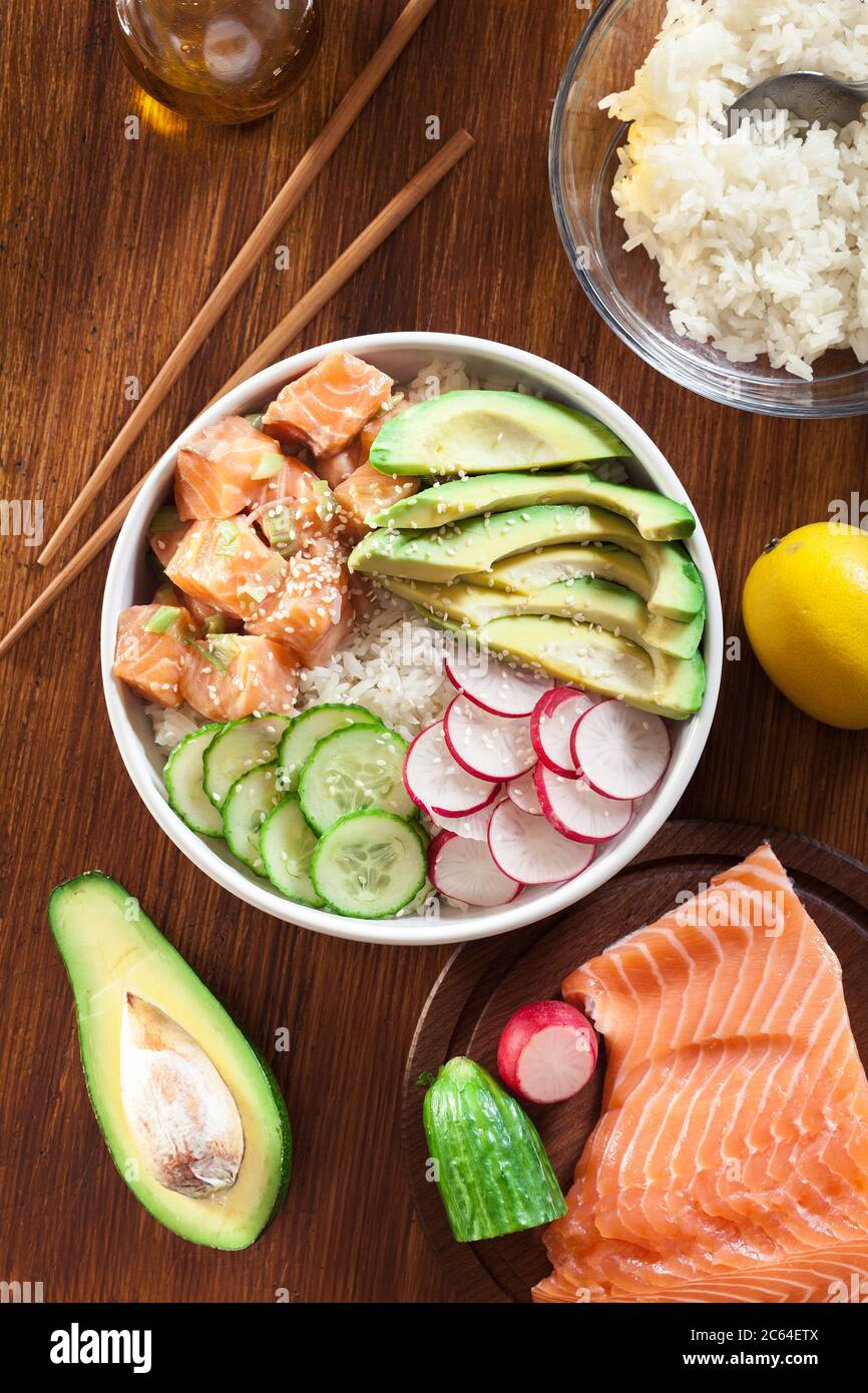 Poke bowl, traditional Hawaiian raw fish salad with rice, avocado ...