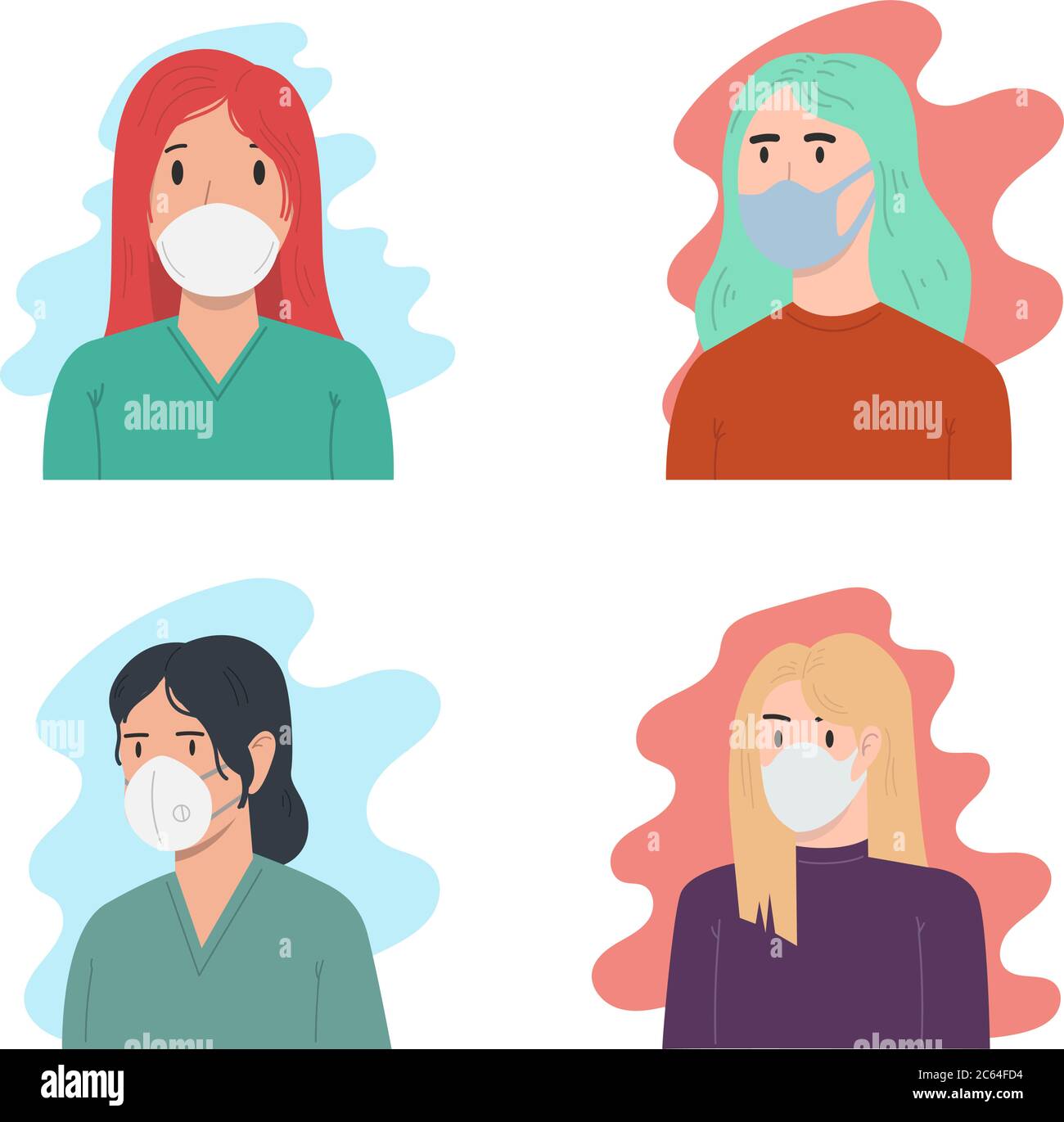 Set of illustrations of a women with medical breathing mask in flat ...