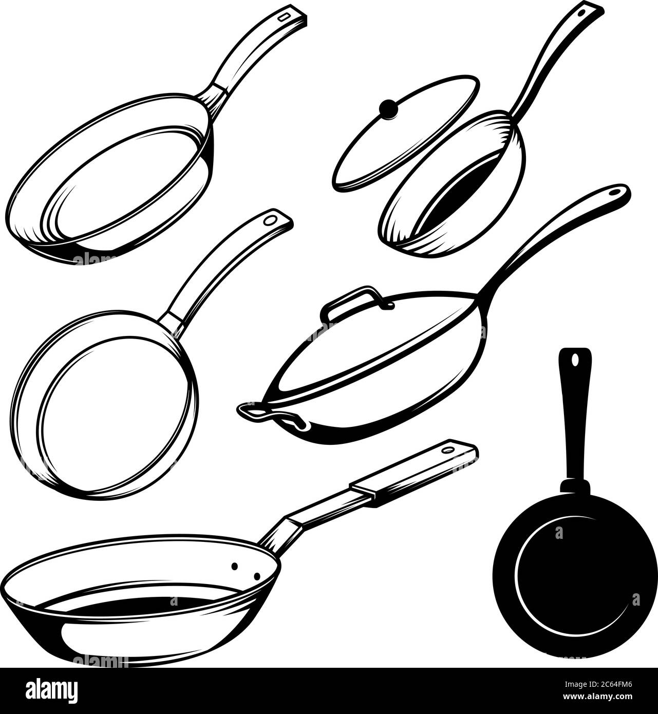 Set of illustrations of cooking pans in engraving style. Design element ...