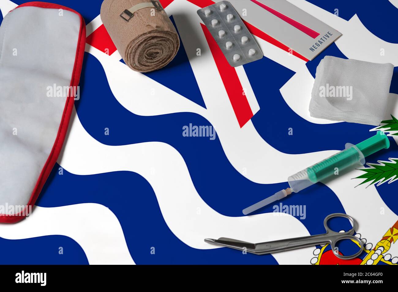 British Indian Ocean Territory flag with first aid medical kit on ...