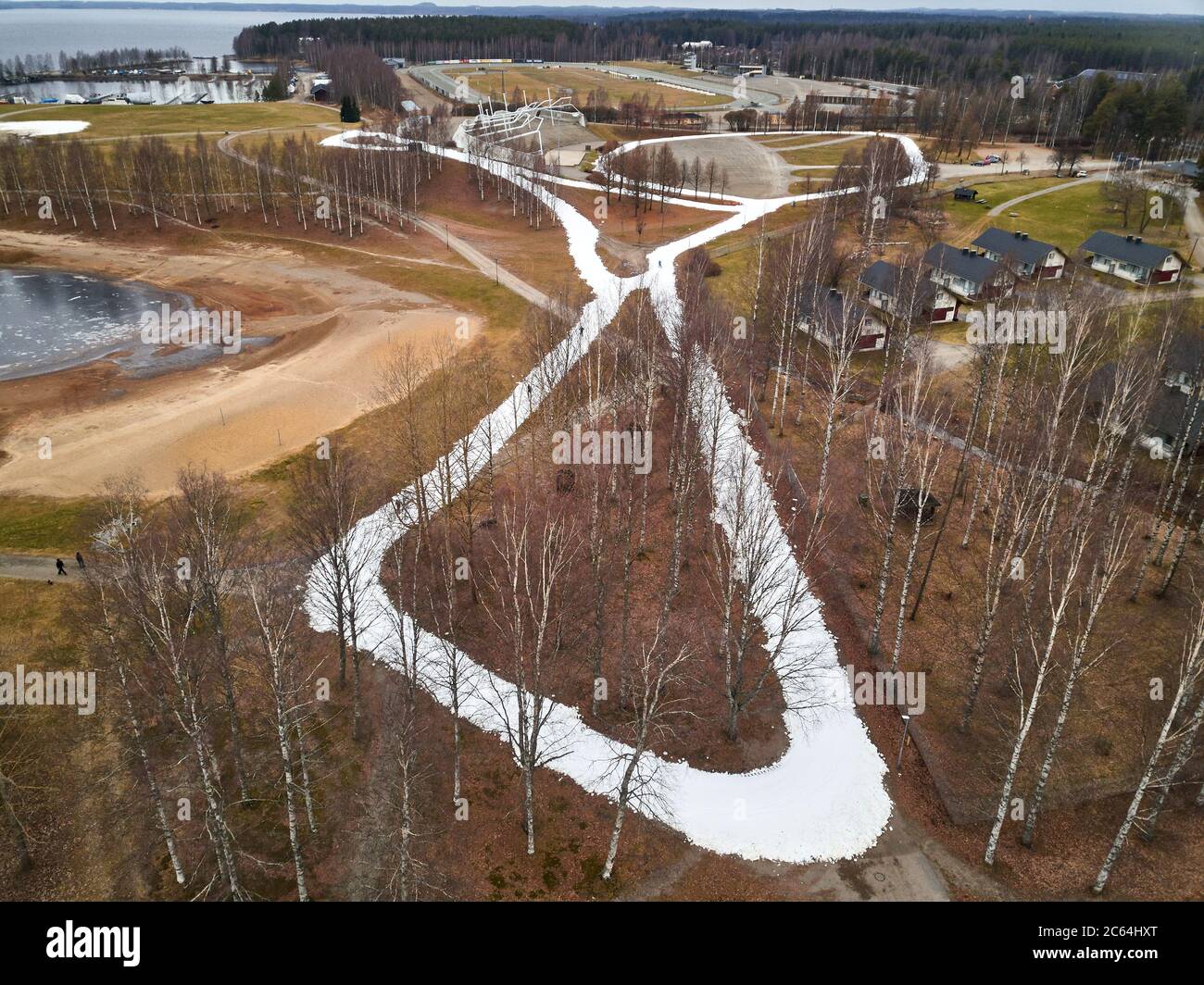 Aerial view of ski track in Autumn, Joensuu, Finland. Snow prepared for ...