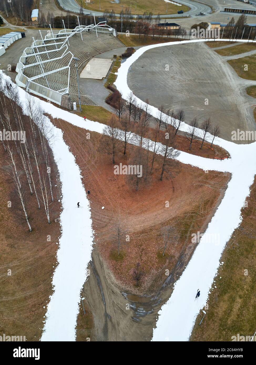 Aerial view of ski track in Autumn, Joensuu, Finland. Snow prepared for ...
