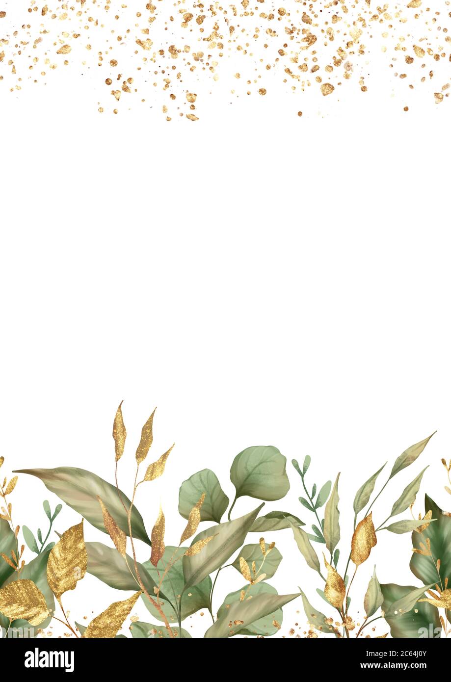 Green and gold leaves frame or border, seamless horizontal background ...