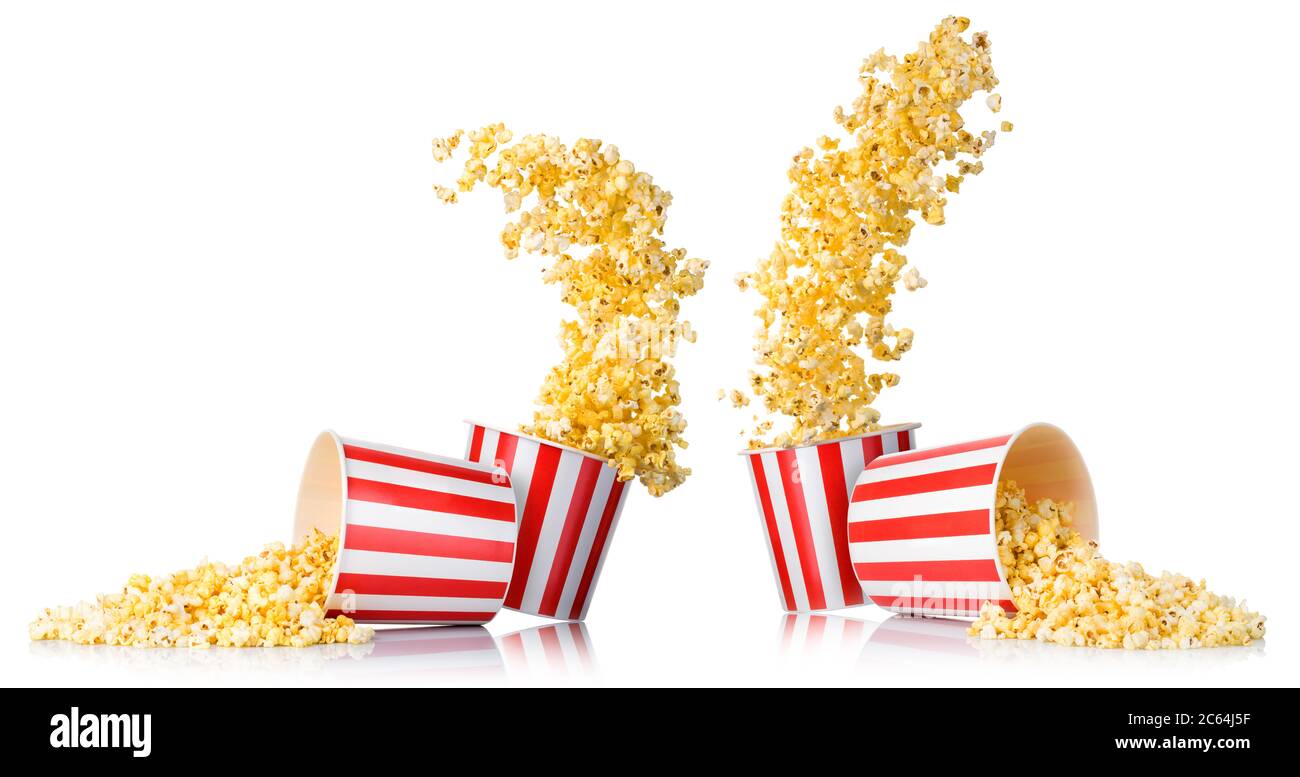 Set of flying popcorn from paper bucket and scattered popcorn isolated ...